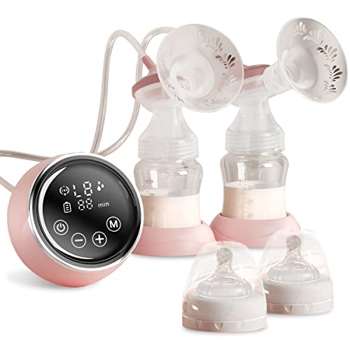 Smart Mommy Electric Breast Pump, High-Definition LCD- Portable Breast Pump, Backflow Design, 2 Modes Pumps and 9 Levels- Extractor De Leche Materna Electrico- BPA Free, Double-Pink