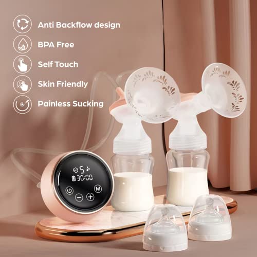 Smart Mommy Electric Breast Pump, High-Definition LCD- Portable Breast Pump, Backflow Design, 2 Modes Pumps and 9 Levels- Extractor De Leche Materna Electrico- BPA Free, Double-Pink