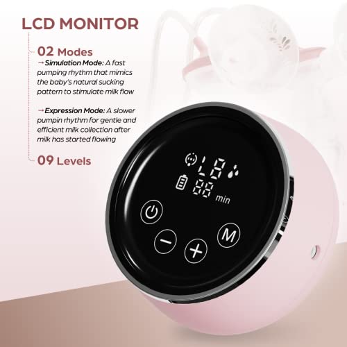 Smart Mommy Electric Breast Pump, High-Definition LCD- Portable Breast Pump, Backflow Design, 2 Modes Pumps and 9 Levels- Extractor De Leche Materna Electrico- BPA Free, Double-Pink