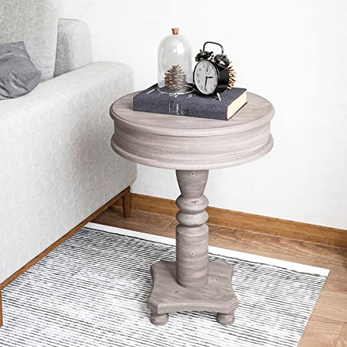 HOMPUS Vintage End Table Set of 2, Round Rustic Side Table Sets w Wood Grain Finish, 2 Pieces Nightstand Small Accent Table Mid-Century Modern for Living Room, Bed Room, Light Grey