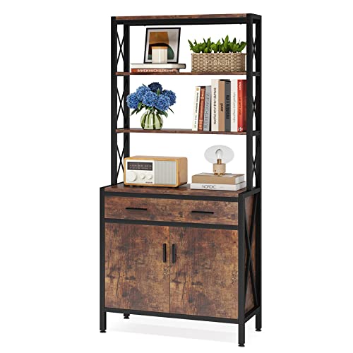 LITTLE TREE 4-Tier Bookshelf Bookcase with Drawer, Tall Industrial Etagere Book Shelves Storage Cabinet for Living Room, Home Office, Rustic Brown