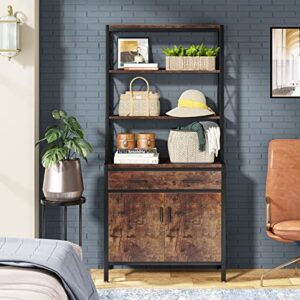 LITTLE TREE 4-Tier Bookshelf Bookcase with Drawer, Tall Industrial Etagere Book Shelves Storage Cabinet for Living Room, Home Office, Rustic Brown