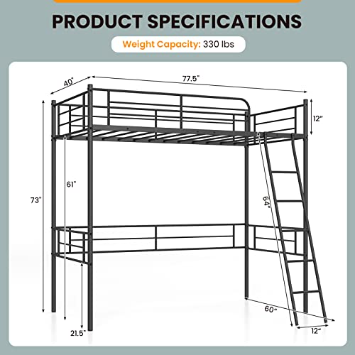 Giantex Metal Loft Bed Twin Size for Juniors & Adults, Loft Bed Frame with Ladder & Safety Guardrail, 61" Under-Bed Space, Space-Saving Twin Bed for Teens, No Box Spring Needed (Black)