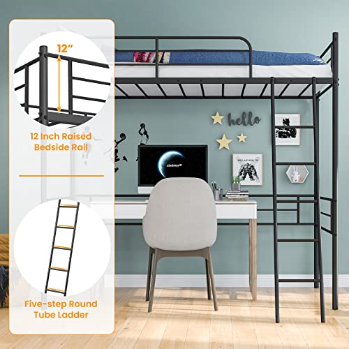 Giantex Metal Loft Bed Twin Size for Juniors & Adults, Loft Bed Frame with Ladder & Safety Guardrail, 61" Under-Bed Space, Space-Saving Twin Bed for Teens, No Box Spring Needed (Black)