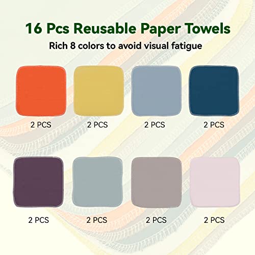 Reusable Paper Towels Washable Roll - Pack of 16 Kitchen Paperless Paper Towels - 100% Cotton Cloth Paper Towels, Super Soft, Absorbent, Zero Waste Alternative Napkins