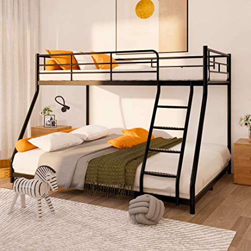 Oudiec Twin Over Full Metal Bunk Bed with Ladder,Sturdy Steel Bedframe with Safety Guardrail for Dorm,Bedroom,Guest Room,No Box Spring Needed,78.11''L*56.38''W*53.94''H,Black