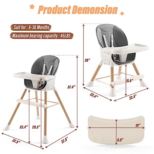 KYPPFAR 6 in 1 Baby High Chair, Convertible High Chairs for Babies and Toddlers, Adjustable Infant Baby Feeding Chair with Dishwasher Safe Tray(Dark Grey)