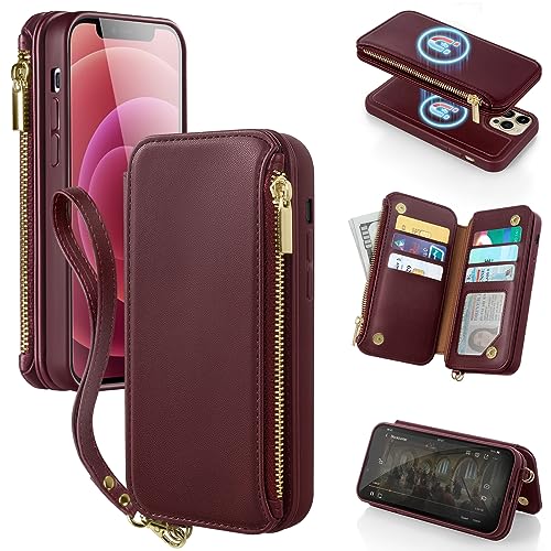 Antsturdy 2 in 1 Detachable for iPhone 13 Pro Wallet case with Magsafe,RFID Blocking Magnetic Wireless Charging PU Leather Phone case Flip Folio Cover Card Holder Wrist Strap Women Men,Wine Red