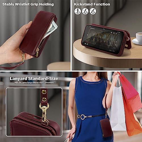 Antsturdy 2 in 1 Detachable for iPhone 13 Pro Wallet case with Magsafe,RFID Blocking Magnetic Wireless Charging PU Leather Phone case Flip Folio Cover Card Holder Wrist Strap Women Men,Wine Red