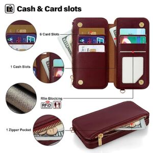 Antsturdy 2 in 1 Detachable for iPhone 13 Pro Wallet case with Magsafe,RFID Blocking Magnetic Wireless Charging PU Leather Phone case Flip Folio Cover Card Holder Wrist Strap Women Men,Wine Red