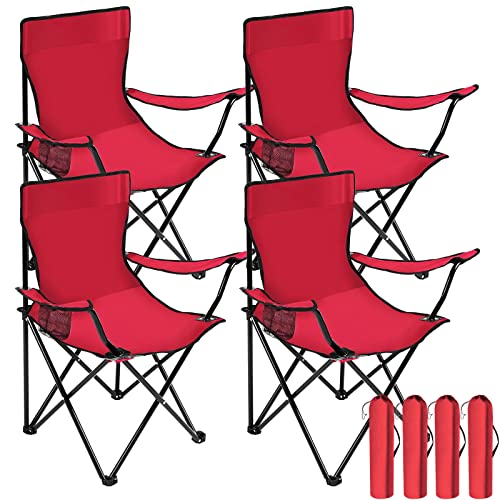 4 Pack Folding Camping Chairs with Carrying Bag Portable Lawn Chairs Lightweight Beach Chairs Outdoor Collapsible Chair with Mesh Cup Holder for Travel Outside Camp Beach Fishing Sports (Red)