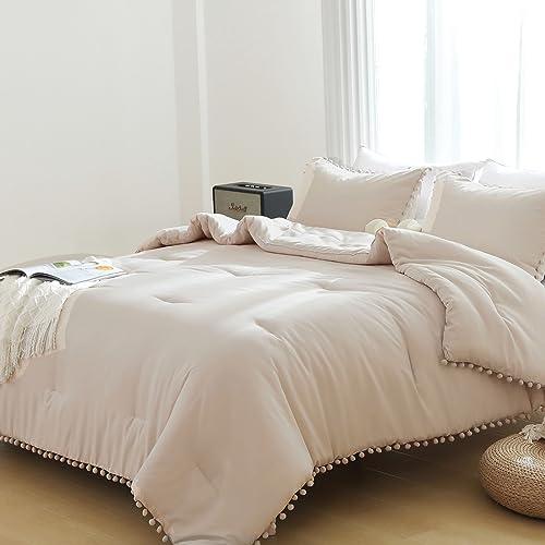 JOLLYVOGUE Queen Comforter Set 3 Pieces,Beige Bed in a Bag Boho Pom Pom Ball Bedding Sets for All Season, Lightweight and Soft Bedding Comforter Set with 1 Comforter and 2 Pillowshams