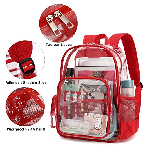 Mimfutu Heavy Duty Clear Backpack School Backpack, PVC Transparent Backpacks See Through Bookbag for Girls Boys Women Men (Red)