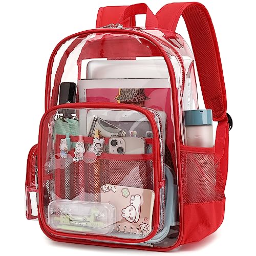 Mimfutu Heavy Duty Clear Backpack School Backpack, PVC Transparent Backpacks See Through Bookbag for Girls Boys Women Men (Red)