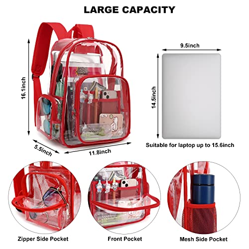 Mimfutu Heavy Duty Clear Backpack School Backpack, PVC Transparent Backpacks See Through Bookbag for Girls Boys Women Men (Red)