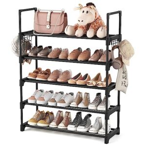 vtrin shoe rack 5 tier 20-25 pairs shoe rack for entryway sturdy shoe organizer storage for closet bedroom dorm heavy duty black metal shoe shelf with hooks