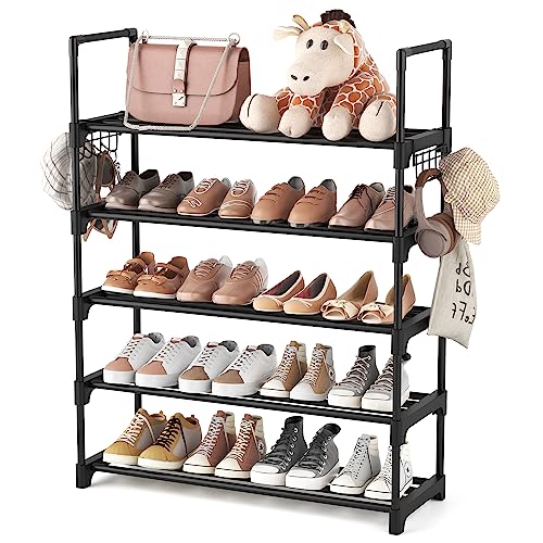 VTRIN Shoe Rack 5 Tier 20-25 Pairs Shoe Rack for Entryway Sturdy Shoe Organizer Storage for Closet Bedroom Dorm Heavy Duty Black Metal Shoe Shelf with Hooks