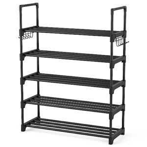 VTRIN Shoe Rack 5 Tier 20-25 Pairs Shoe Rack for Entryway Sturdy Shoe Organizer Storage for Closet Bedroom Dorm Heavy Duty Black Metal Shoe Shelf with Hooks