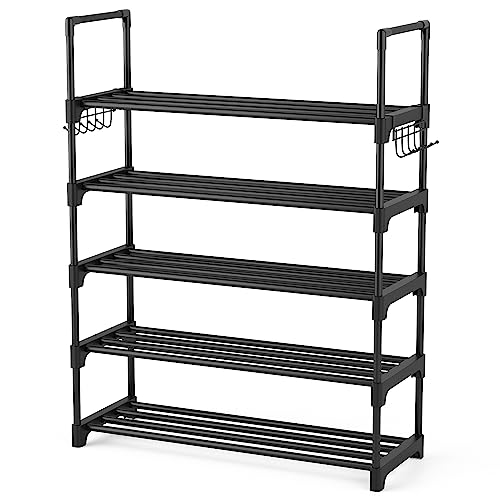 VTRIN Shoe Rack 5 Tier 20-25 Pairs Shoe Rack for Entryway Sturdy Shoe Organizer Storage for Closet Bedroom Dorm Heavy Duty Black Metal Shoe Shelf with Hooks