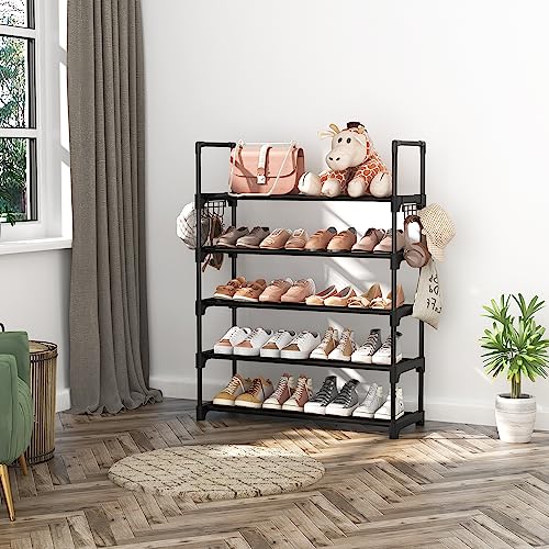 VTRIN Shoe Rack 5 Tier 20-25 Pairs Shoe Rack for Entryway Sturdy Shoe Organizer Storage for Closet Bedroom Dorm Heavy Duty Black Metal Shoe Shelf with Hooks