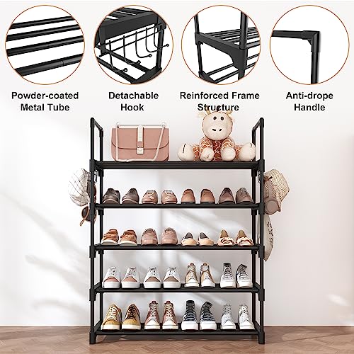 VTRIN Shoe Rack 5 Tier 20-25 Pairs Shoe Rack for Entryway Sturdy Shoe Organizer Storage for Closet Bedroom Dorm Heavy Duty Black Metal Shoe Shelf with Hooks