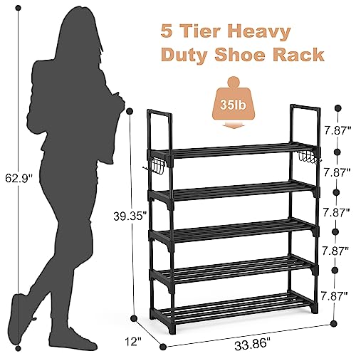 VTRIN Shoe Rack 5 Tier 20-25 Pairs Shoe Rack for Entryway Sturdy Shoe Organizer Storage for Closet Bedroom Dorm Heavy Duty Black Metal Shoe Shelf with Hooks