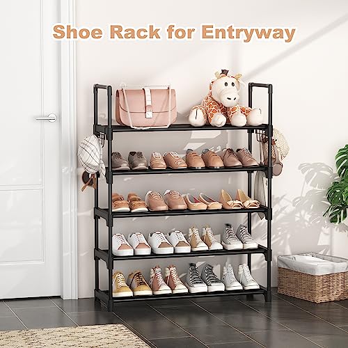 VTRIN Shoe Rack 5 Tier 20-25 Pairs Shoe Rack for Entryway Sturdy Shoe Organizer Storage for Closet Bedroom Dorm Heavy Duty Black Metal Shoe Shelf with Hooks