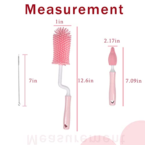 Silicone Bottle Cleaning Brush Set, 360° Rotating Silicone Bottle Cleaning Brush Cleaner Set for Baby Bottles, Sports Bottle, Vase, Glassware, and Smaller Diameter Bottle Openings (Pink)