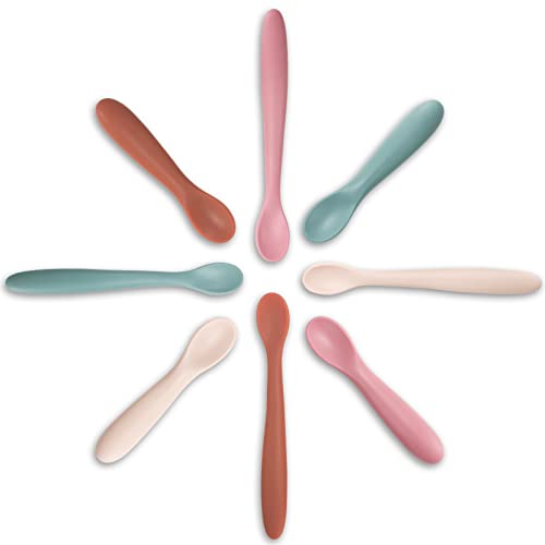 JUSONEY Silicone Baby Spoons - First Stage Baby Self Feeding Spoons 6+ Months,Shorter and Longer Infant Spoons Set for Parent and Self-Feeding,BPA Free Baby Led Weaning Spoons Training Spoon (8 Pack)