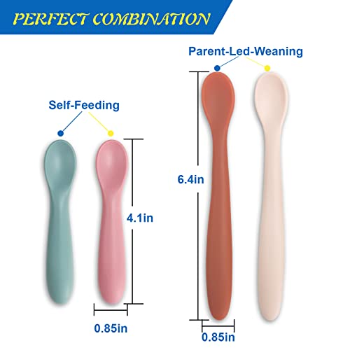 JUSONEY Silicone Baby Spoons - First Stage Baby Self Feeding Spoons 6+ Months,Shorter and Longer Infant Spoons Set for Parent and Self-Feeding,BPA Free Baby Led Weaning Spoons Training Spoon (8 Pack)