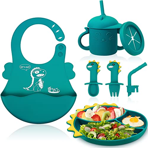 Yaomiao 6 Pcs Silicone Toddler Feeding Set Baby Led Weaning Supplies Dinosaur Shape Divided Silicone Suction Plate Adjustable Bib Sippy Cup with Spoon and Fork Straw Set, Microwave Dishwasher Safe