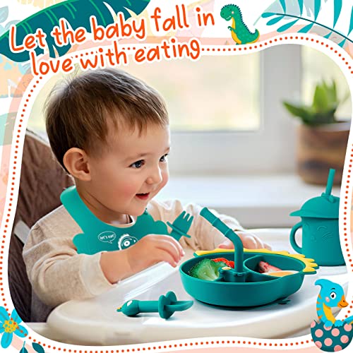 Yaomiao 6 Pcs Silicone Toddler Feeding Set Baby Led Weaning Supplies Dinosaur Shape Divided Silicone Suction Plate Adjustable Bib Sippy Cup with Spoon and Fork Straw Set, Microwave Dishwasher Safe