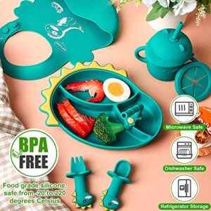 Yaomiao 6 Pcs Silicone Toddler Feeding Set Baby Led Weaning Supplies Dinosaur Shape Divided Silicone Suction Plate Adjustable Bib Sippy Cup with Spoon and Fork Straw Set, Microwave Dishwasher Safe