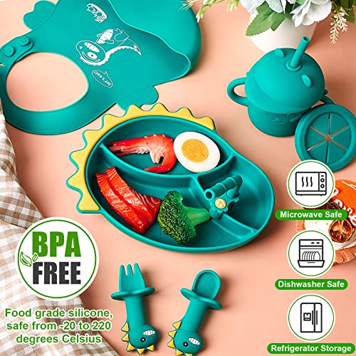 Yaomiao 6 Pcs Silicone Toddler Feeding Set Baby Led Weaning Supplies Dinosaur Shape Divided Silicone Suction Plate Adjustable Bib Sippy Cup with Spoon and Fork Straw Set, Microwave Dishwasher Safe