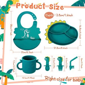 Yaomiao 6 Pcs Silicone Toddler Feeding Set Baby Led Weaning Supplies Dinosaur Shape Divided Silicone Suction Plate Adjustable Bib Sippy Cup with Spoon and Fork Straw Set, Microwave Dishwasher Safe