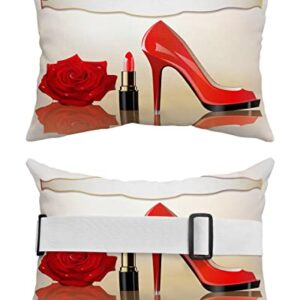 Chaise Lounge Head Resting Pillows Sexy Red Rose High Heels and Lipstick Outdoor Lumbar Pillows Waterproof Patio Furniture Pillow with Insert Adjustable Elastic Stripe for Recliner Beach Chairs