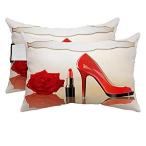 Chaise Lounge Head Resting Pillows Sexy Red Rose High Heels and Lipstick Outdoor Lumbar Pillows Waterproof Patio Furniture Pillow with Insert Adjustable Elastic Stripe for Recliner Beach Chairs