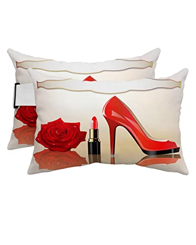 Chaise Lounge Head Resting Pillows Sexy Red Rose High Heels and Lipstick Outdoor Lumbar Pillows Waterproof Patio Furniture Pillow with Insert Adjustable Elastic Stripe for Recliner Beach Chairs