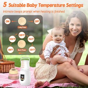 Baby Bottle Warmer for Breastmilk with 5 Adapters, Quick Heating Portable Bottle Warmer Rechargeable Travel Bottle Warmer with 5-Temperature Real-time Display & Beep Prompts, Baby Brew Bottle Warmer