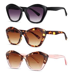 ladeesse 3 pack bifocal reading sunglasses for women fashion cateye sun readers outdoor reading glasses uv400 +1.5 protection