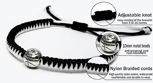 MANYC Basketball Bracelets Adjustable for Boys, Girls, and Adults Handmade Gifts for Basketball Players (Black white 2PCS)