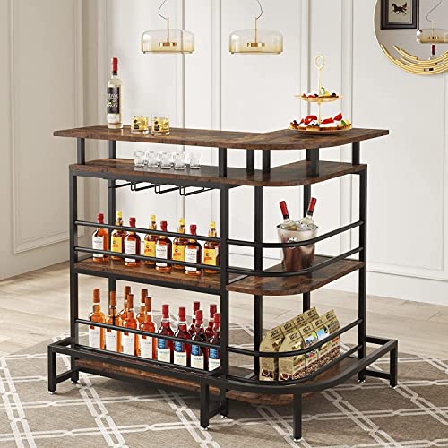 L-Shaped Home Bar Unit with 4 Glass Holders and Shelves Brown Industrial Rustic Triangle MDF Metal Wood Finish Foot Rest