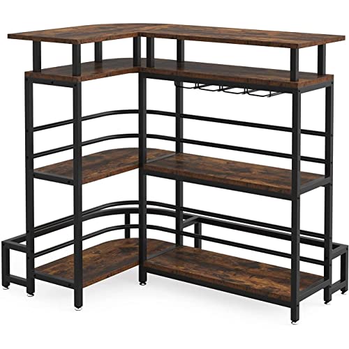 L-Shaped Home Bar Unit with 4 Glass Holders and Shelves Brown Industrial Rustic Triangle MDF Metal Wood Finish Foot Rest