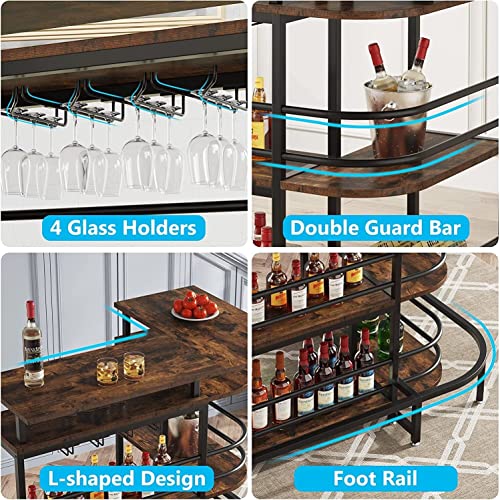 L-Shaped Home Bar Unit with 4 Glass Holders and Shelves Brown Industrial Rustic Triangle MDF Metal Wood Finish Foot Rest