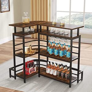 L-Shaped Home Bar Unit with 4 Glass Holders and Shelves Brown Industrial Rustic Triangle MDF Metal Wood Finish Foot Rest