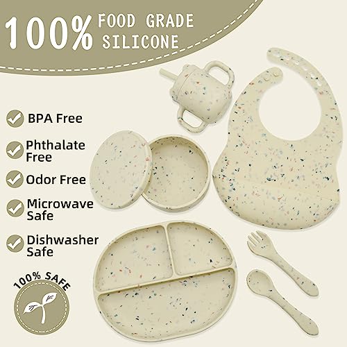 SILI FACTORY Silicone Baby Feeding Set - Suction Bowl with Lid Toddler Plates,Adjustable Bib Sippy Cup Spoons Forks -Baby Led Weaning Supplies,Baby Plates and Bowls Set for 6+ Months