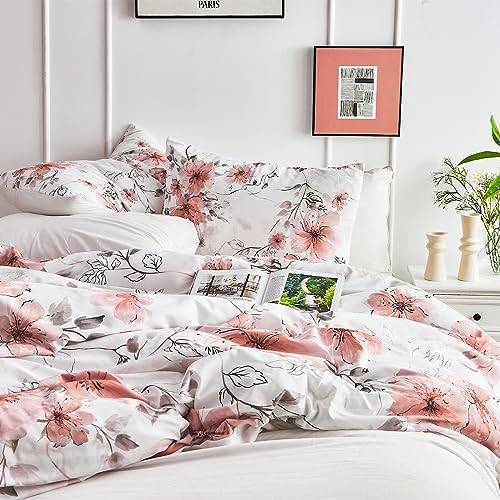 DESIHOM 3 Pieces Floral Duvet Cover Queen Size Light Pink Flower Duvet Covers Set Coquette Spring Duvet Cover with Zipper Comforter Cover Queen Size Pink Bedding Set