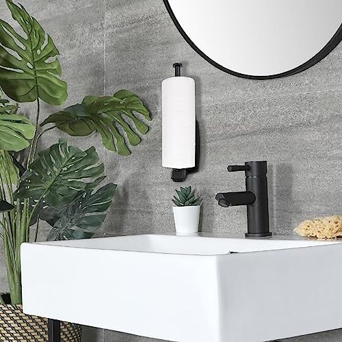 Paper Towel Holder - Under Cabinet Paper Towel Holder for Kitchen, Single Hand Operable Paper Towel Holder Wall Mount with Damping Effect, Adhesive Paper Towels Rolls Rack for Bathroom, Black