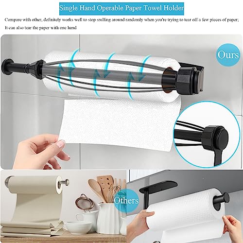 Paper Towel Holder - Under Cabinet Paper Towel Holder for Kitchen, Single Hand Operable Paper Towel Holder Wall Mount with Damping Effect, Adhesive Paper Towels Rolls Rack for Bathroom, Black