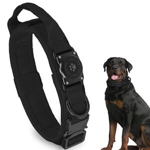 tactical airtag dog collar, 100% waterproof integrated apple air tag dog collars with hard pc airtag holder, adjustable military collar with handle, thick & wide gps dog collar for medium large dogs